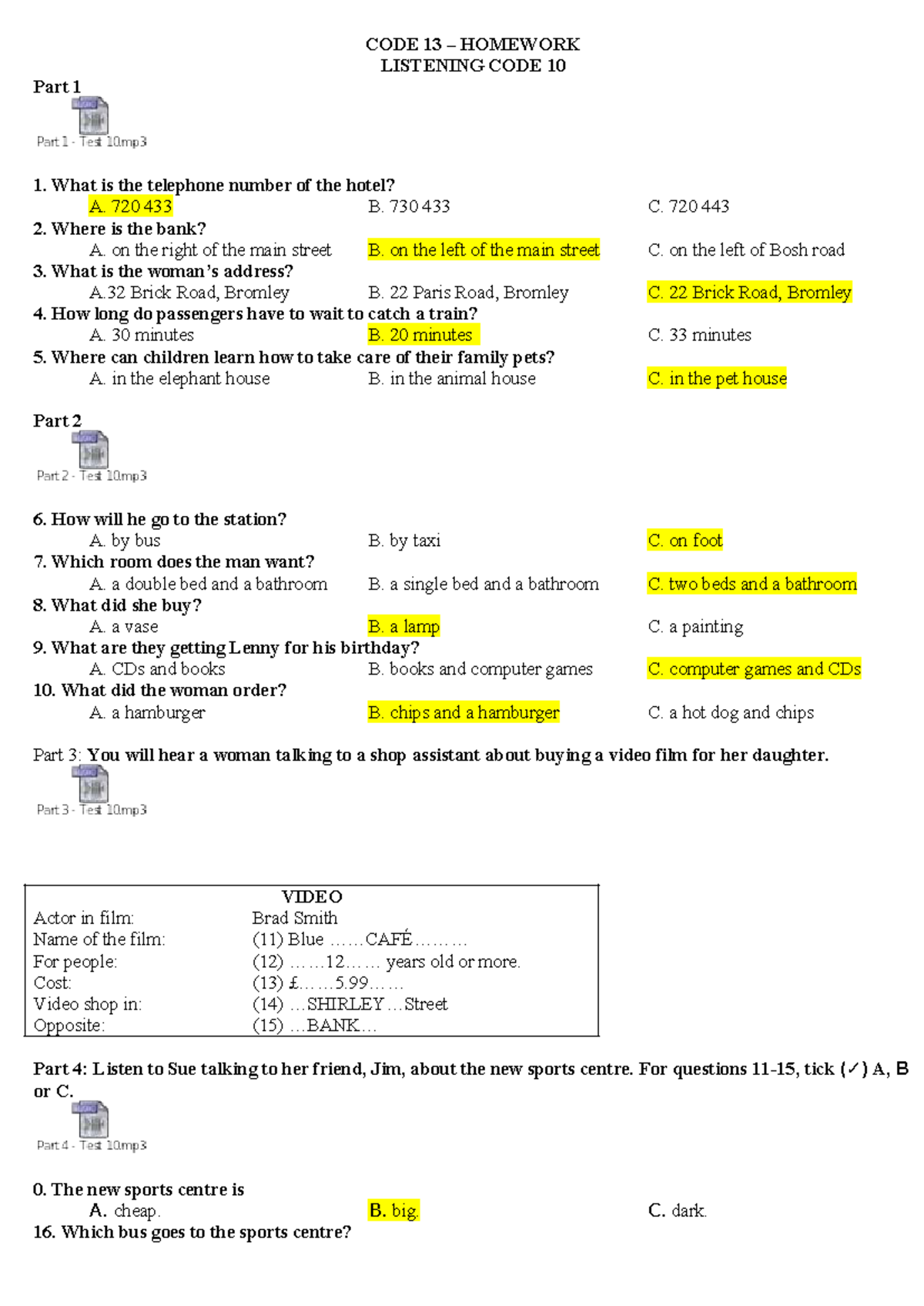 Listening Homework CODE 13 & 14 - Practice Questions and Answers - Studocu