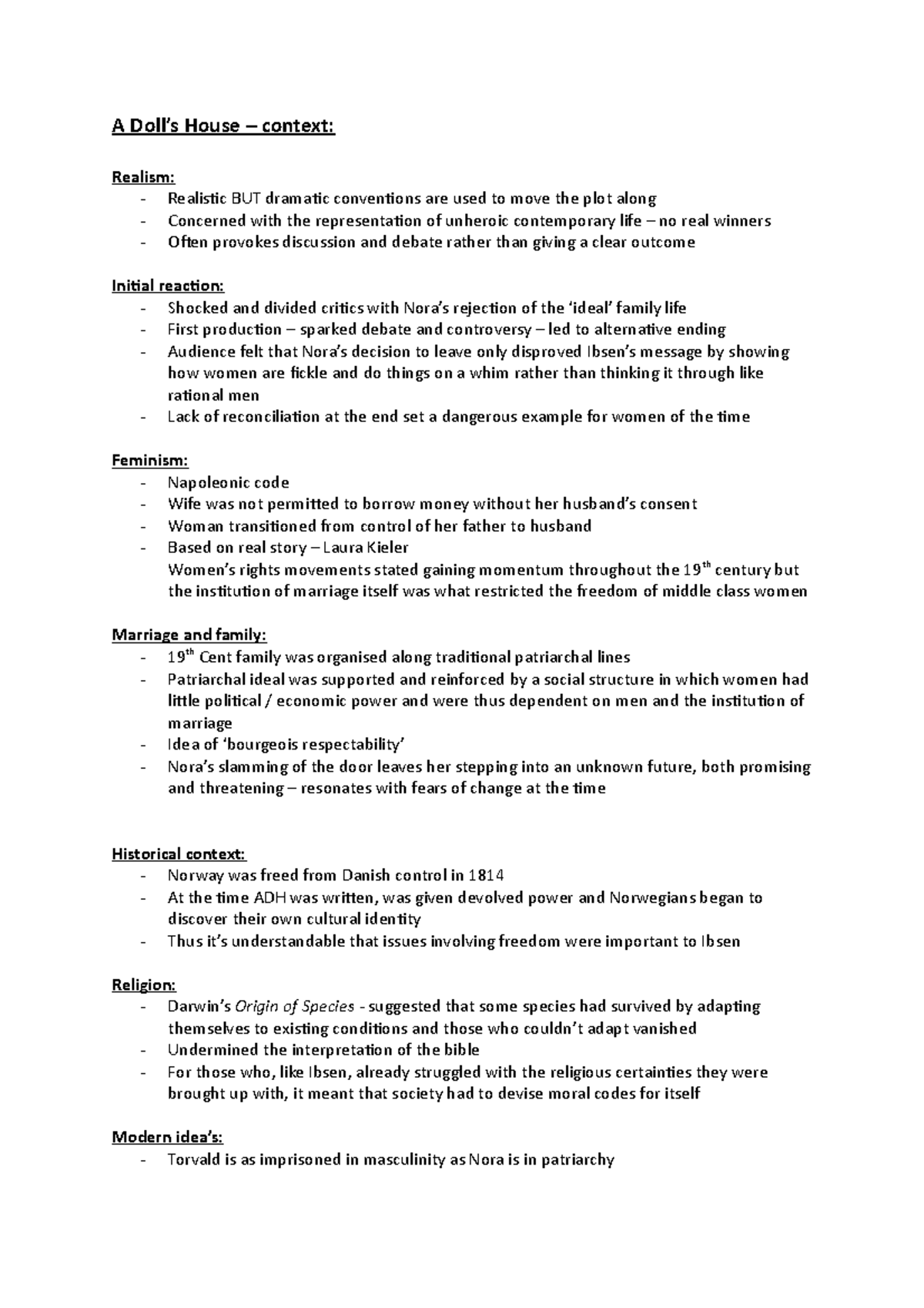A Doll's House (ADH) - Contextual Analysis and Themes Explained - Studocu