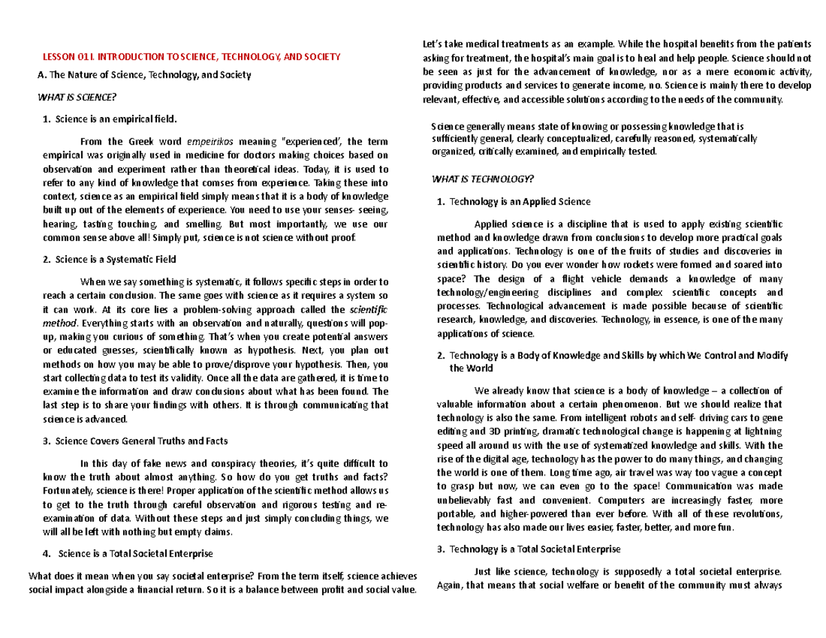 GNED 06 STS NEW - GNED 06 STS NEW - LESSON 01 I. INTRODUCTION TO SCIENCE, TECHNOLOGY, AND ...
