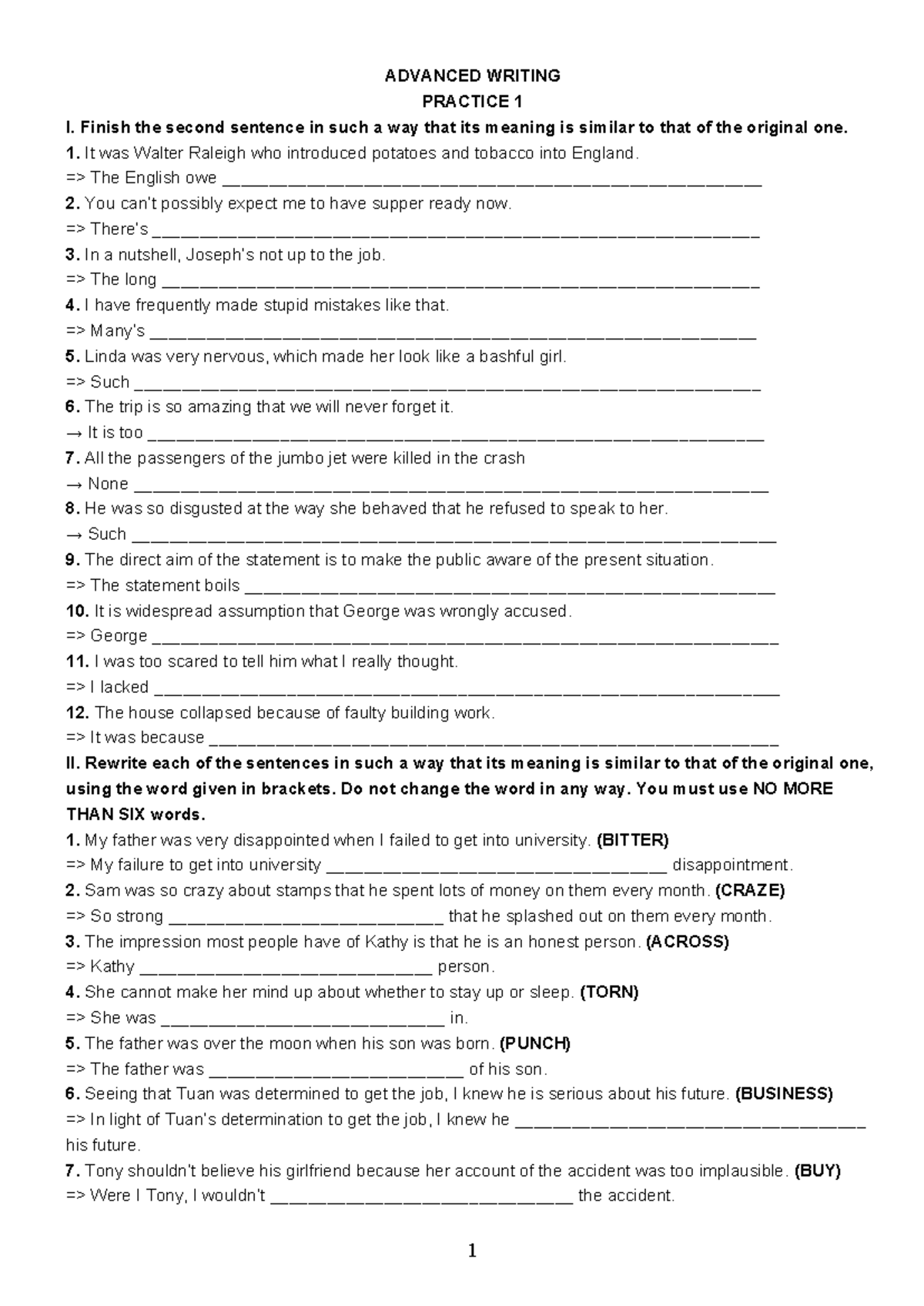 Advanced Writing - Practice 1 Exercises and Sentence Rewrites - Studocu