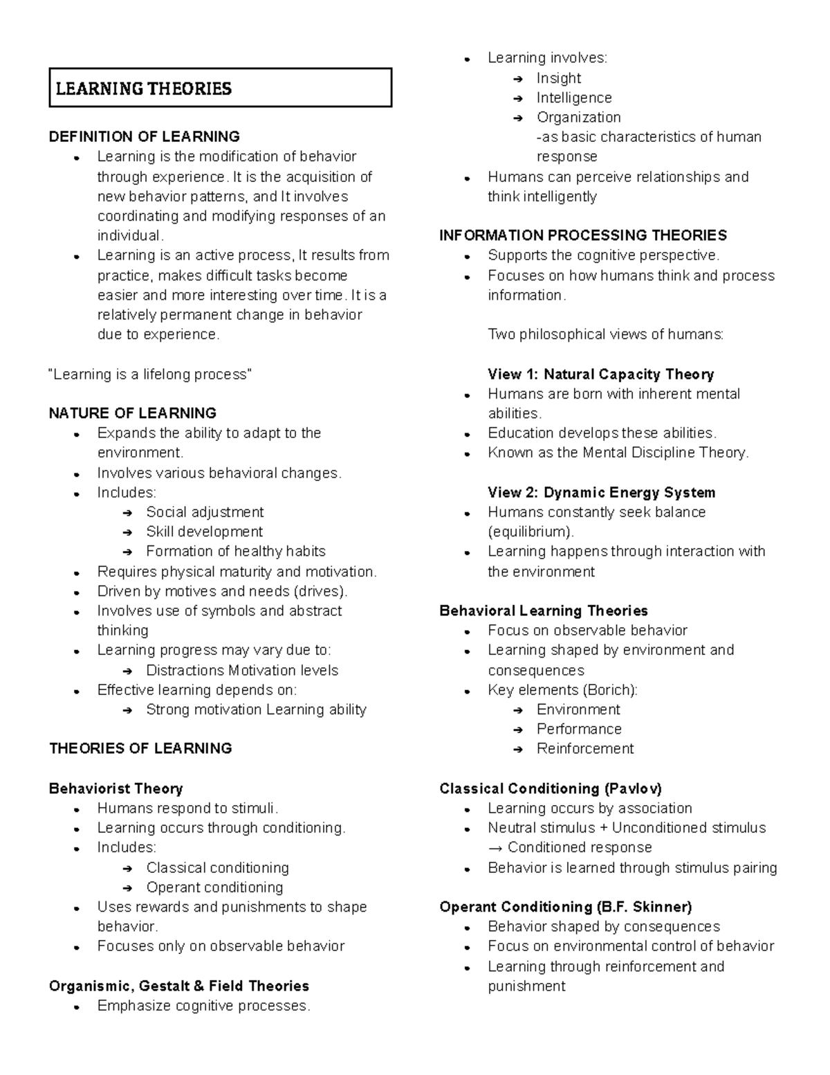 PAMT311 - Comprehensive Overview of Learning Theories - Studocu