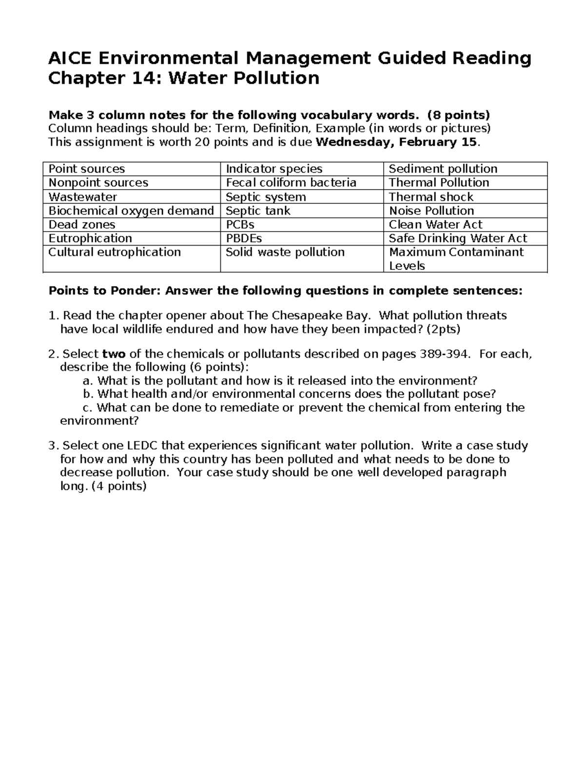 AICE Environmental Management Guided Reading: Water Pollution Notes ...