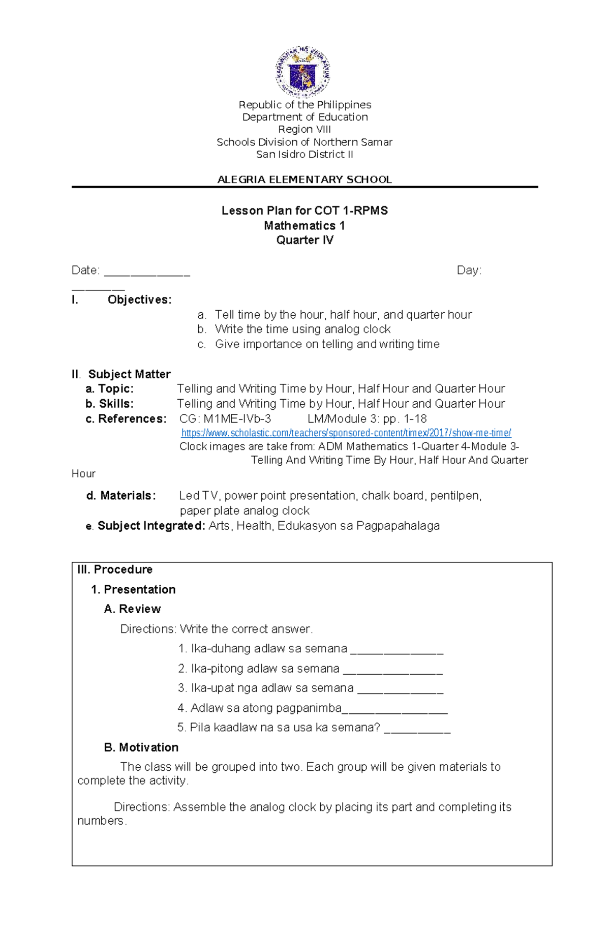 COT 1-RPMS Lesson Plan: Telling Time in Mathematics 1 - Studocu