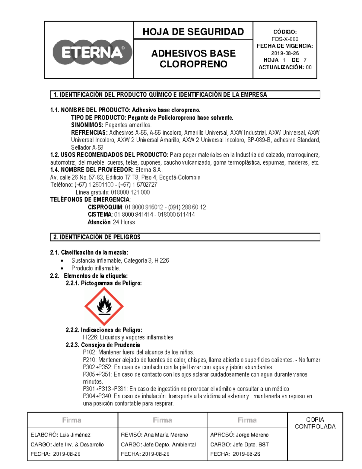 FDS 003: Hoja de Seguridad para Adhesivos Base Cloropreno - Studocu