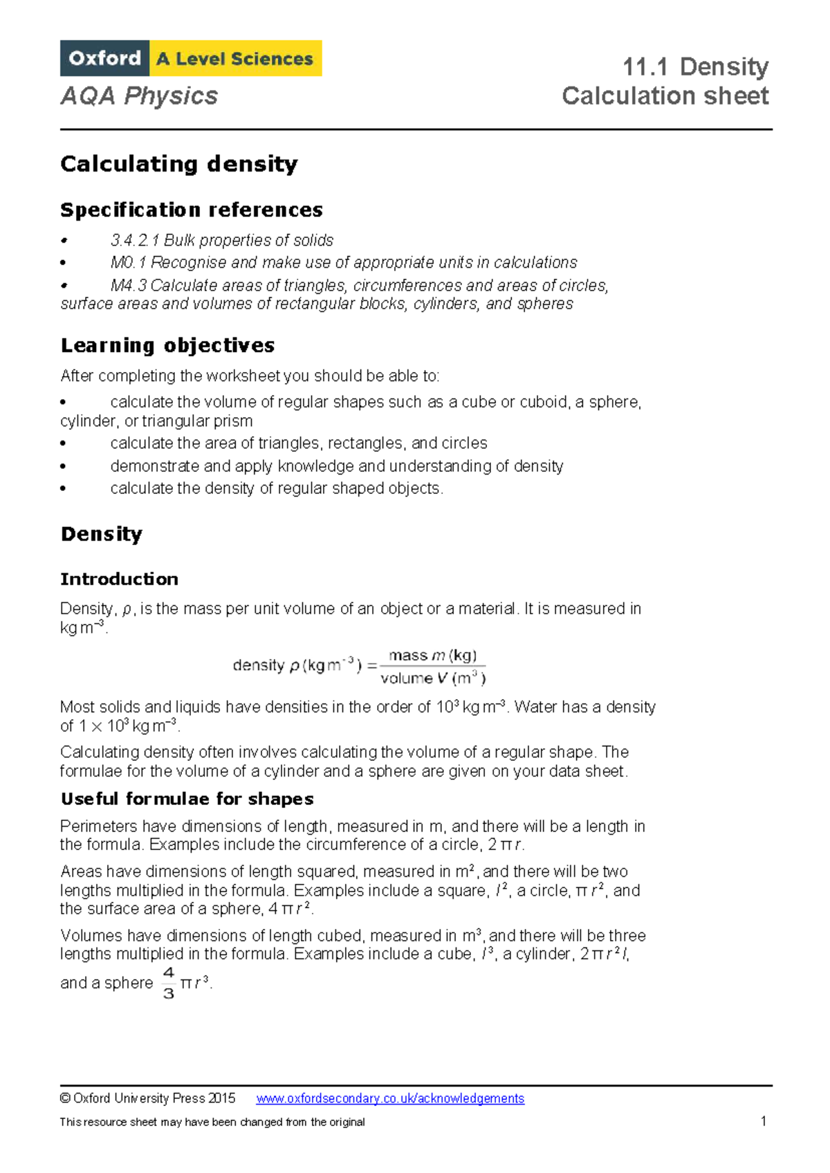 AQA Physics 11.1 Density Calculation Sheet - Key Concepts & Examples ...