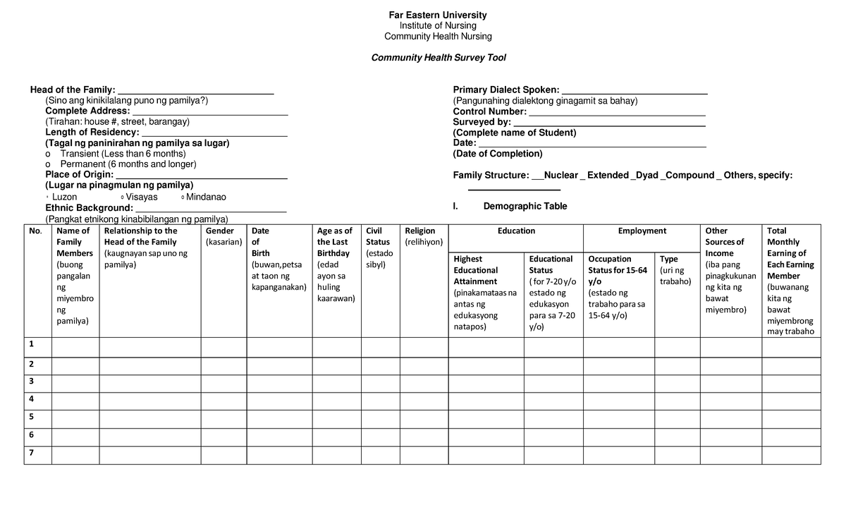 FEU-CST - Community Health Nursing Survey Tool Guide - Studocu
