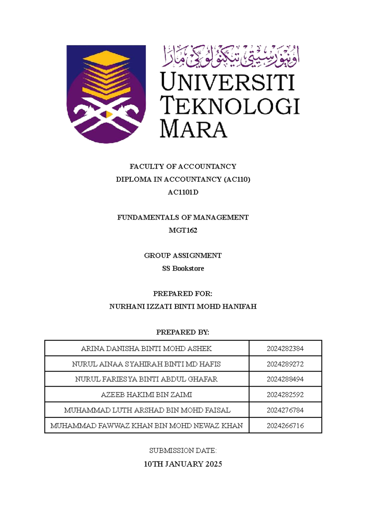 MGT162 Group Assignment: Fundamentals of Management at SS Bookstore ...