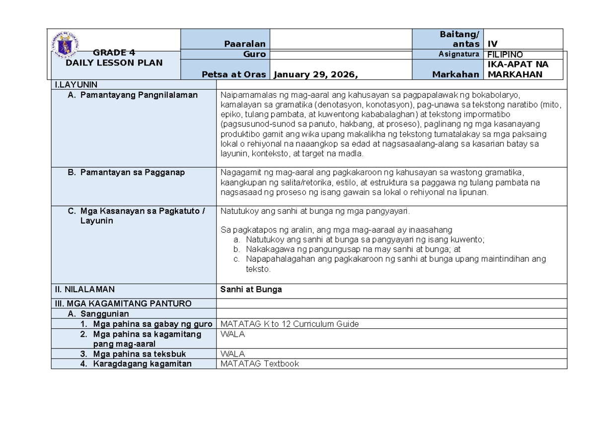 GRADE 4 FILIPINO DAILY LESSON PLAN: SANHI AT BUNGA - Studocu