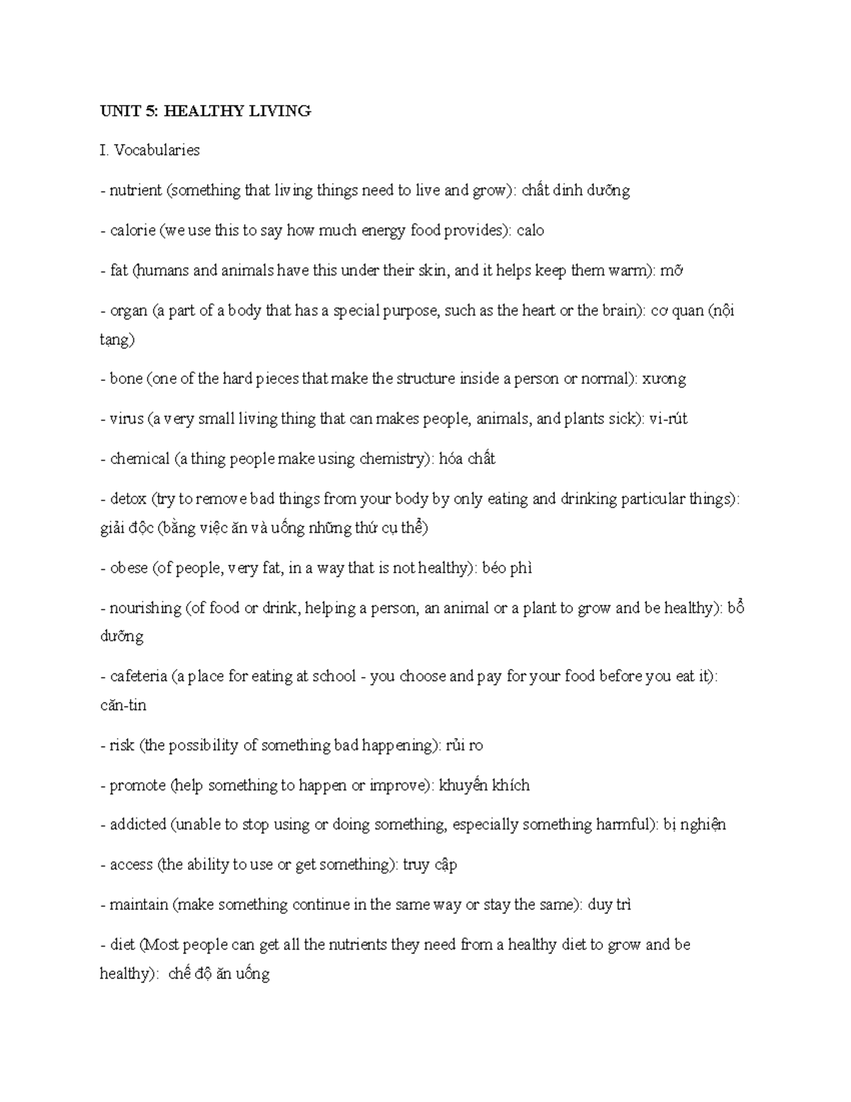 UNIT 5: HEALTHY LIVING - Vocabulary & Grammar Notes for English 9 - Studocu