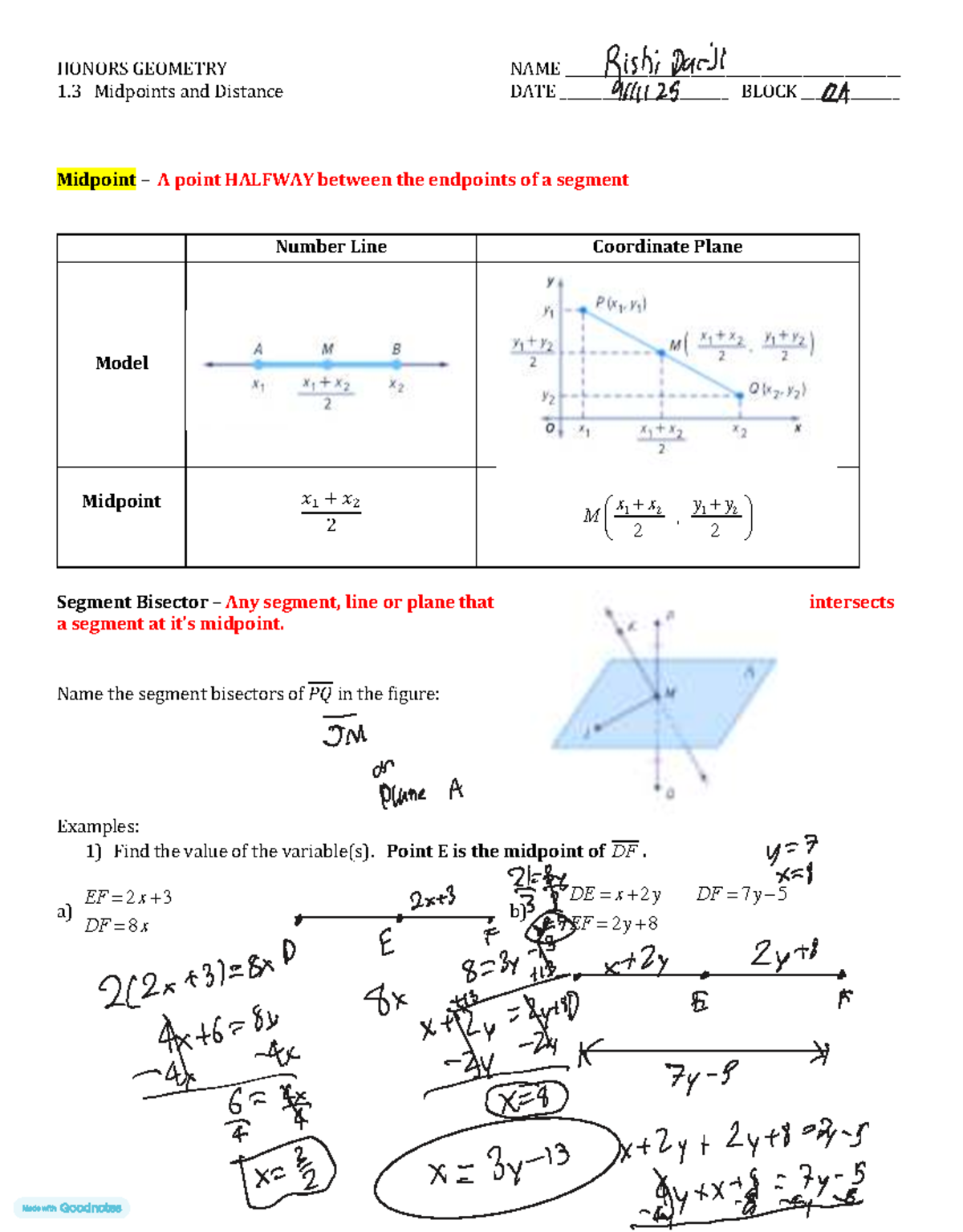 HONORS GEOMETRY RA 25: Midpoints & Distance Formulas - Studocu