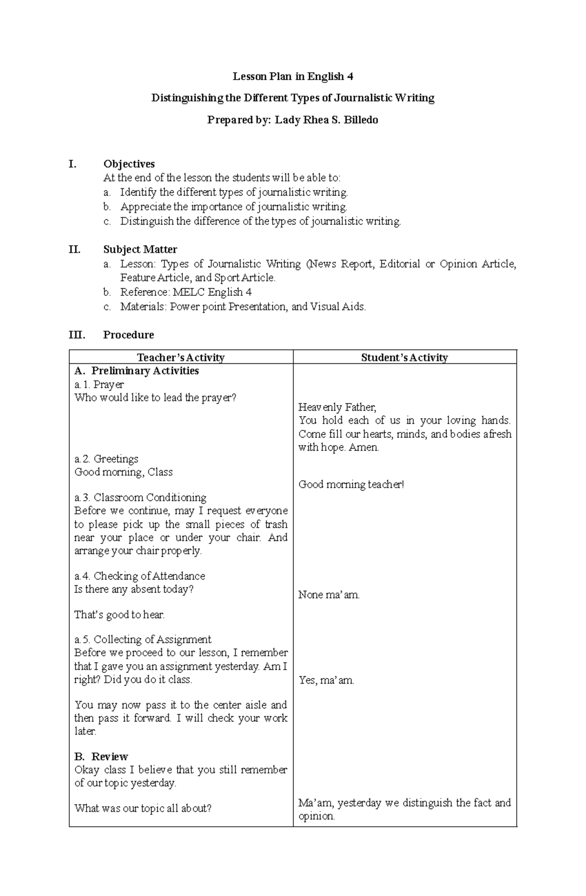 Lesson Plan ENGL 4: Types of Journalistic Writing and Activities - Studocu