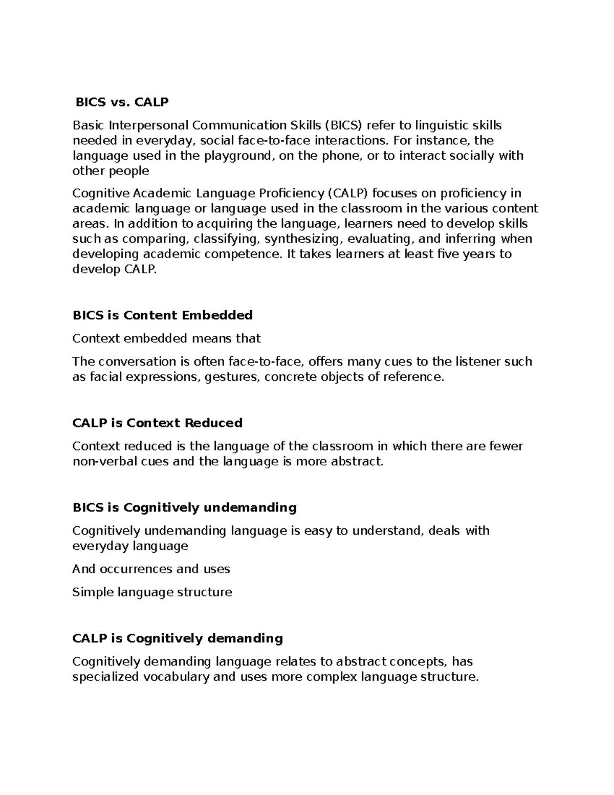 BICS vs CALP: Understanding Macroskills in Language Proficiency - Studocu