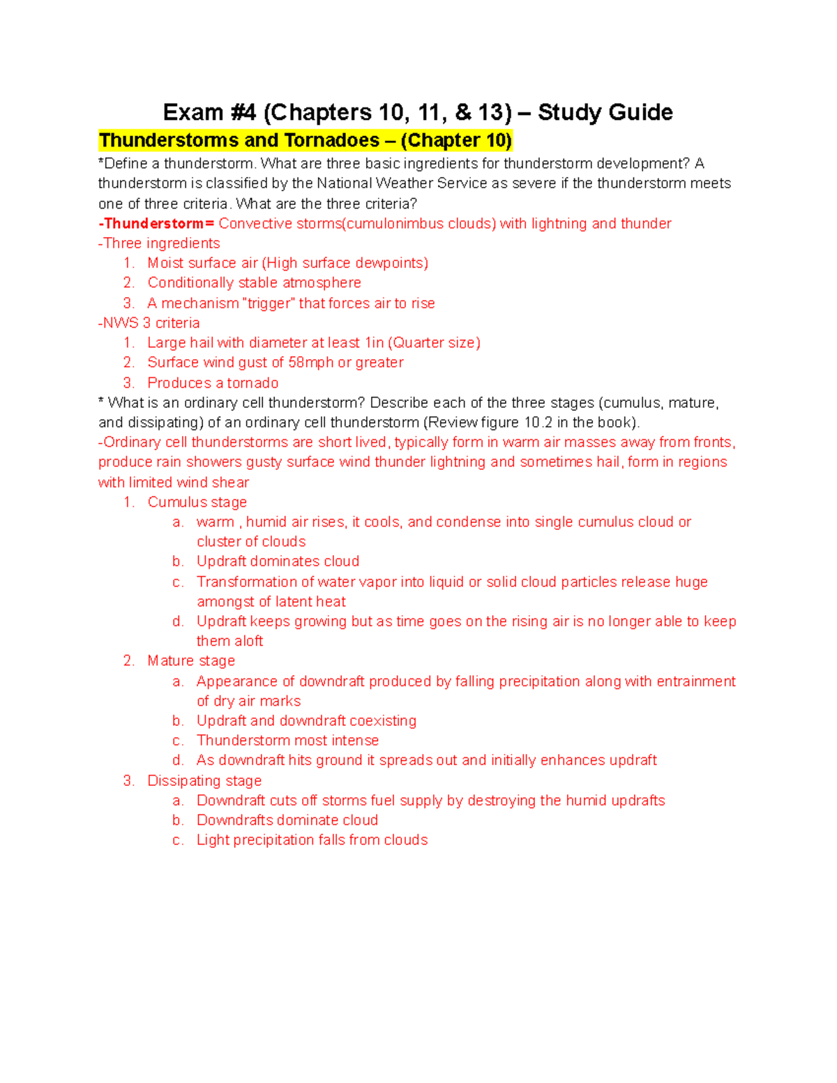 Exam (Chapters 10, 11, 13) Study Guide: Thunderstorms, Tornadoes, and ...