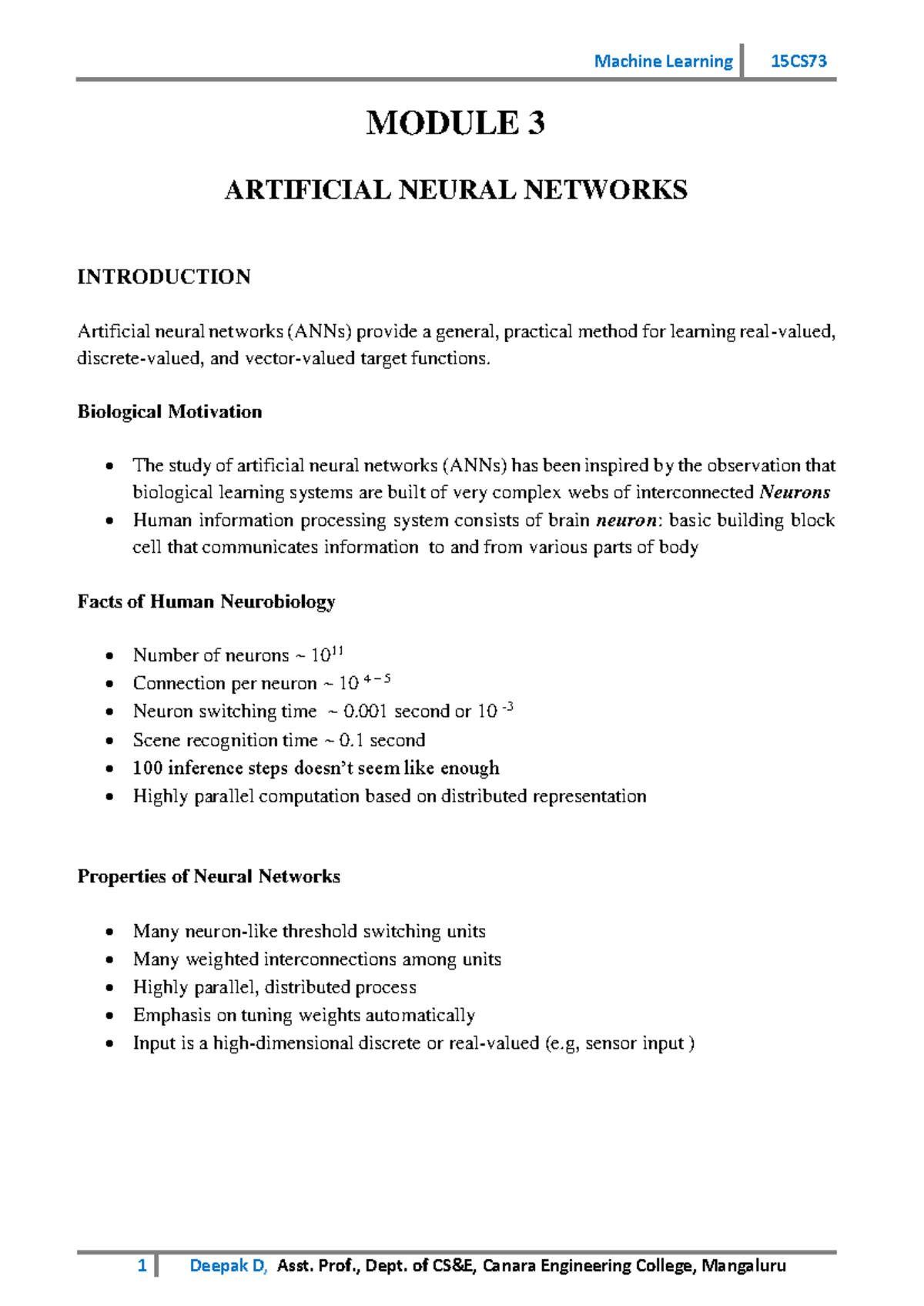 Machine Learning 15CS73 Module 3: Neural Networks Overview and Concepts ...