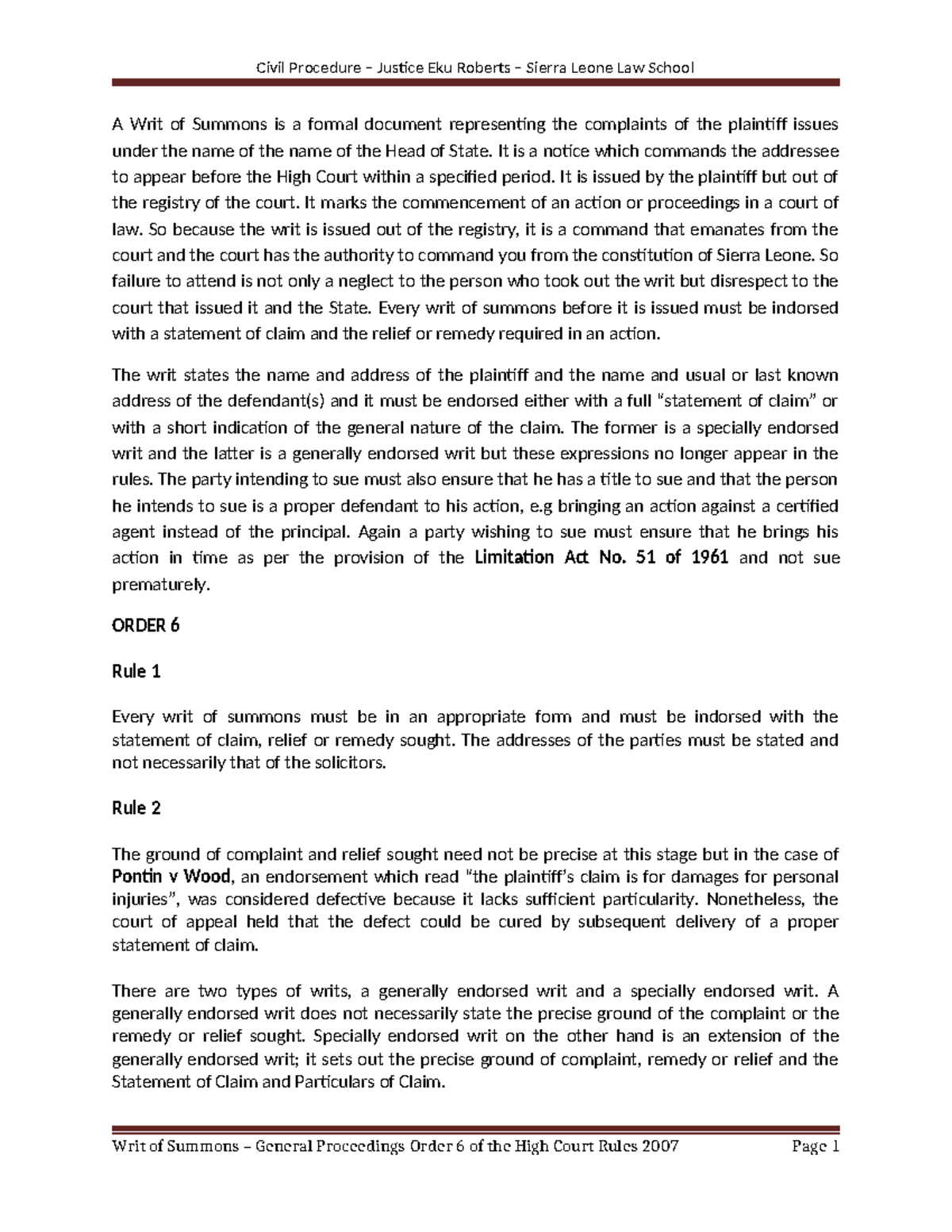 Writ of Summons - General Provisions (C: 67/10) in Sierra Leone Law ...