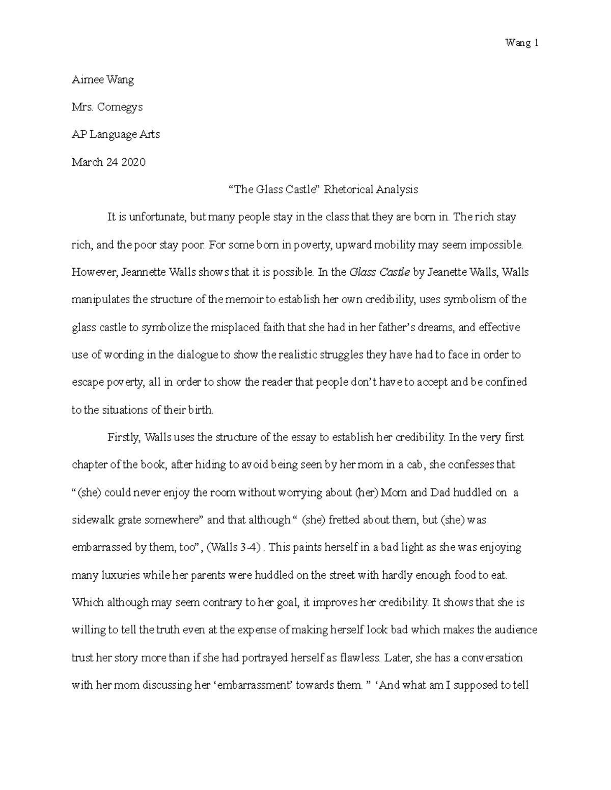 AP Language Arts: Rhetorical Analysis of The Glass Castle Final Draft ...