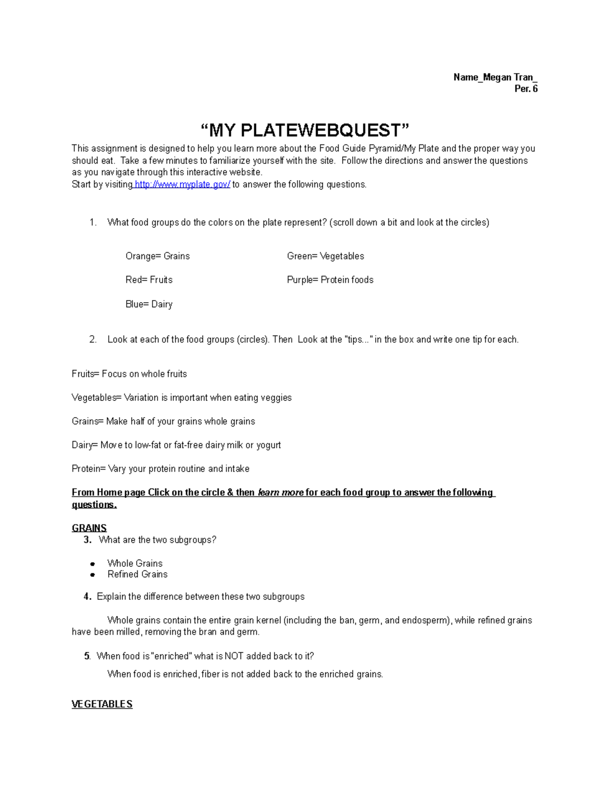 My Plate Webquest Assignment: Learn Healthy Eating Choices - Studocu
