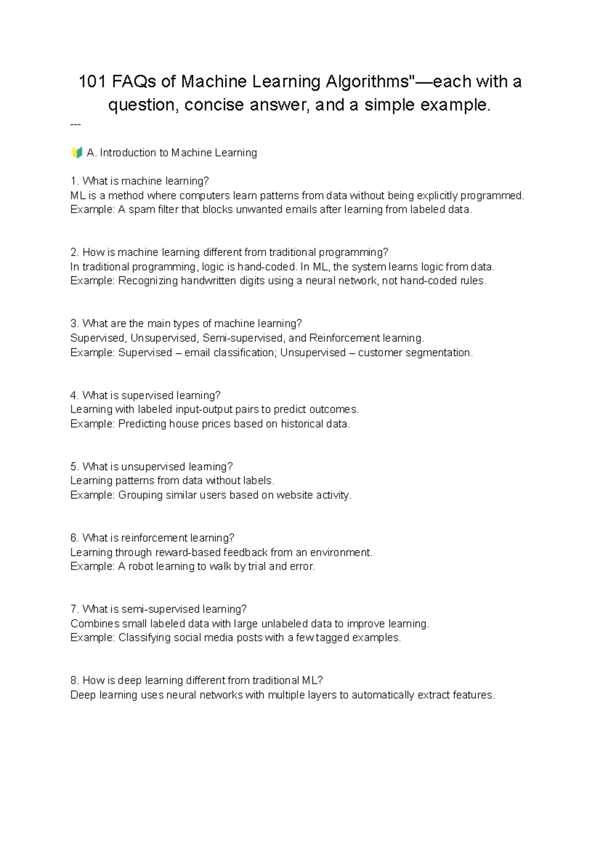 101 FAQs on ML Algorithms: Questions, Answers & Examples - Studocu