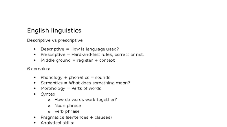 English Linguistics Notes: Descriptive vs. Prescriptive Analysis - Studocu
