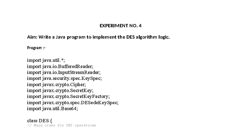CNS Lab Manual: Experiment 4 - Implementing DES Algorithm in Java - Studocu