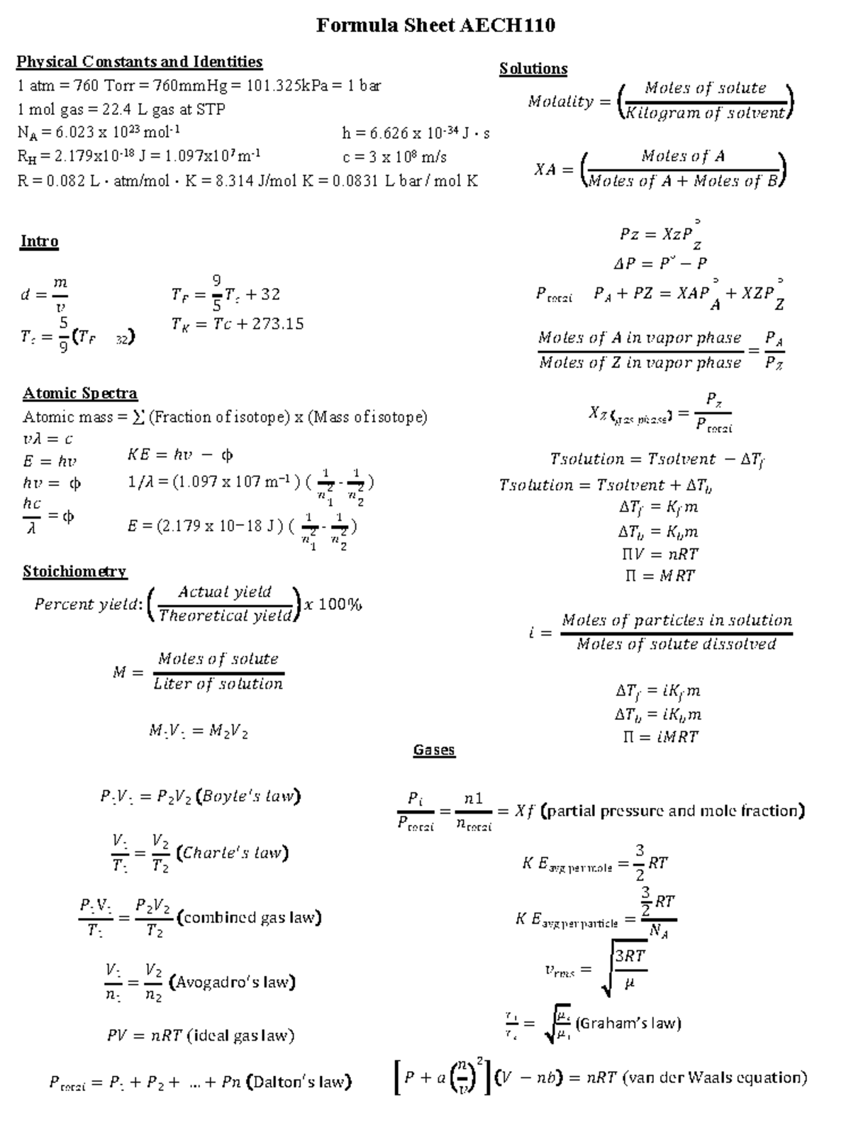 AECH110 Formula Sheet: Physical Constants & Identities - Studocu
