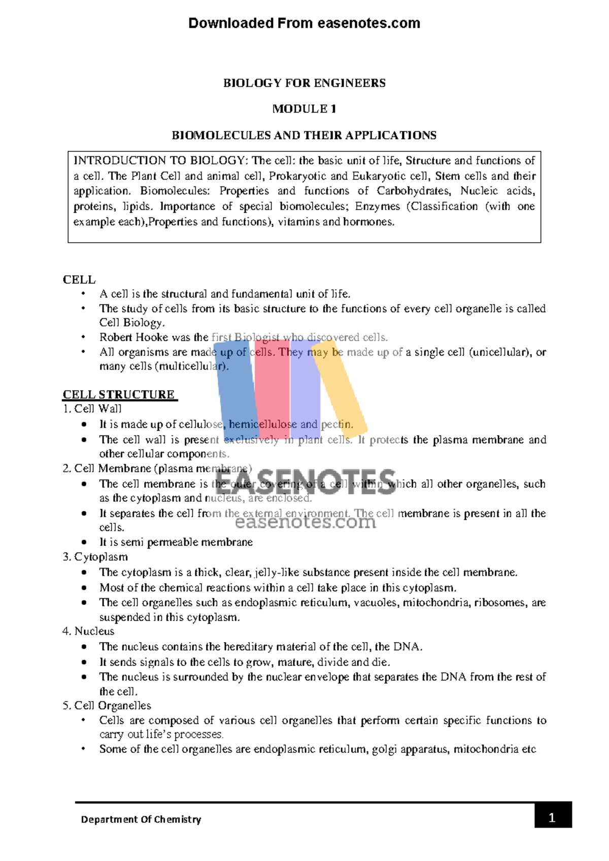 Biology for Engineers BBOK407 VTU: 2022 Notes on Cells and Biomolecules ...