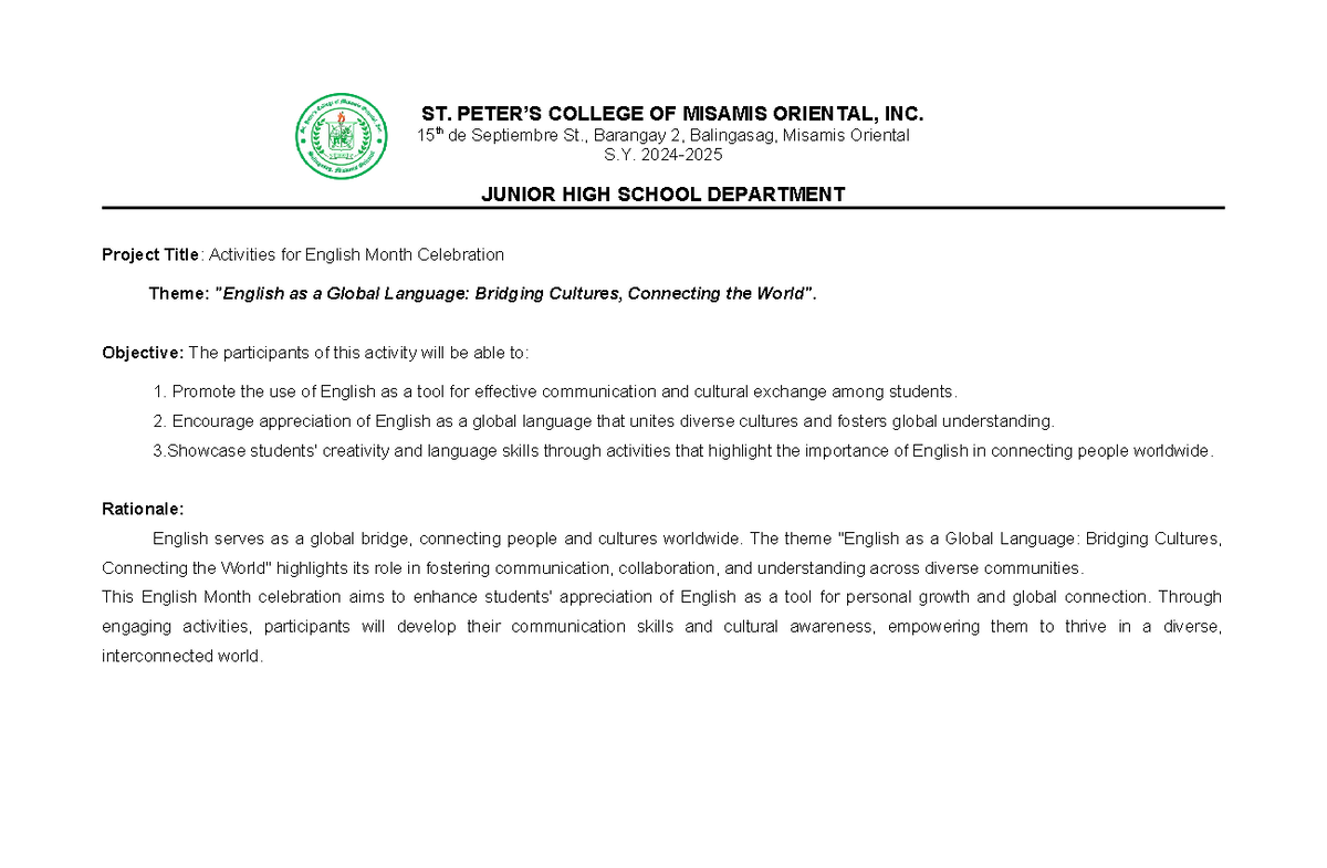 English Month Activity Plan 2024-2025 for Jr. High School - Studocu
