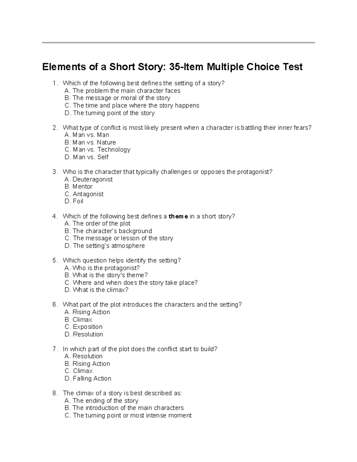 Elements of a Short Story: Summative Quiz on Key Concepts - Studocu