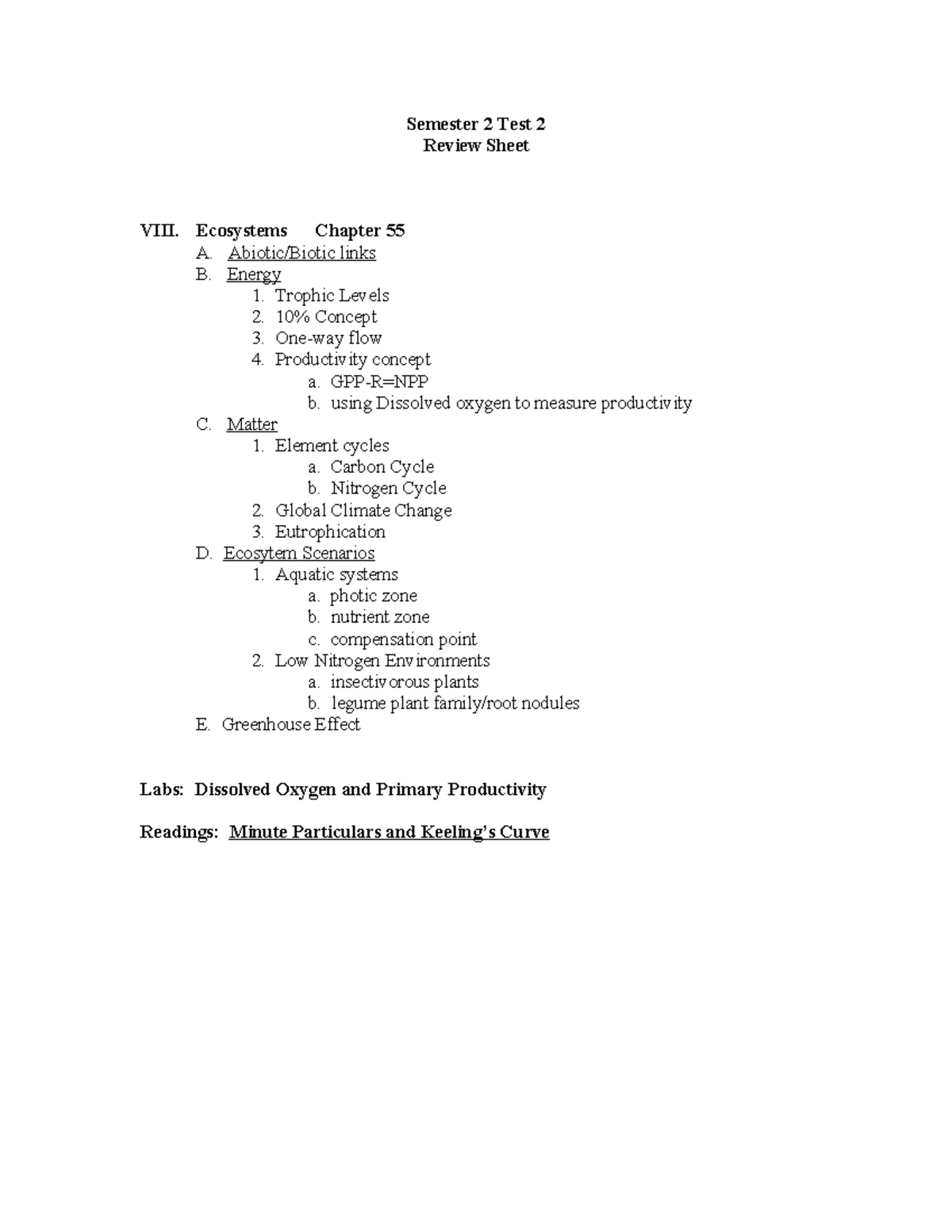 Ecosystems-Review-Sheet - Semester 2 Test 2 Review Sheet VIII ...