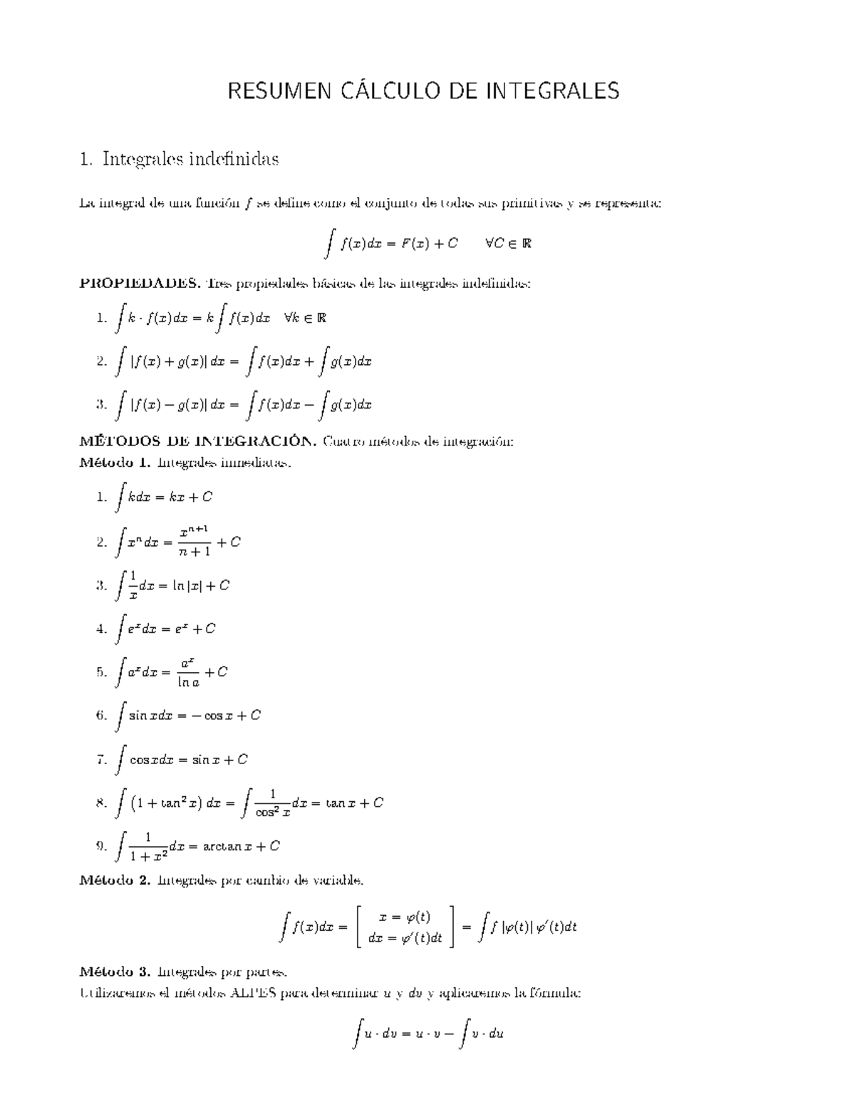 Resumen de Integrales - CÁLCULO DE INTEGRALES 1 - Studocu