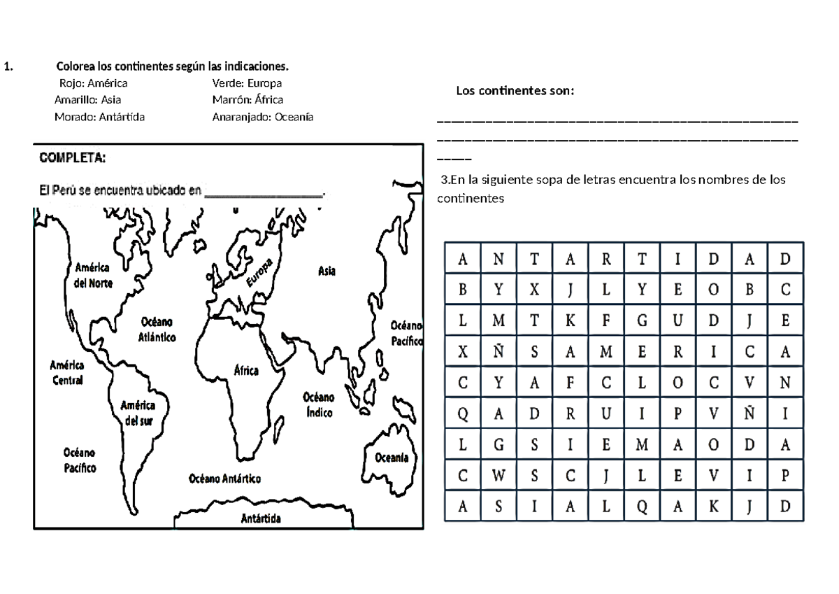 Colorea y Encuentra los Continentes y Océanos en la Sopa de Letras ...