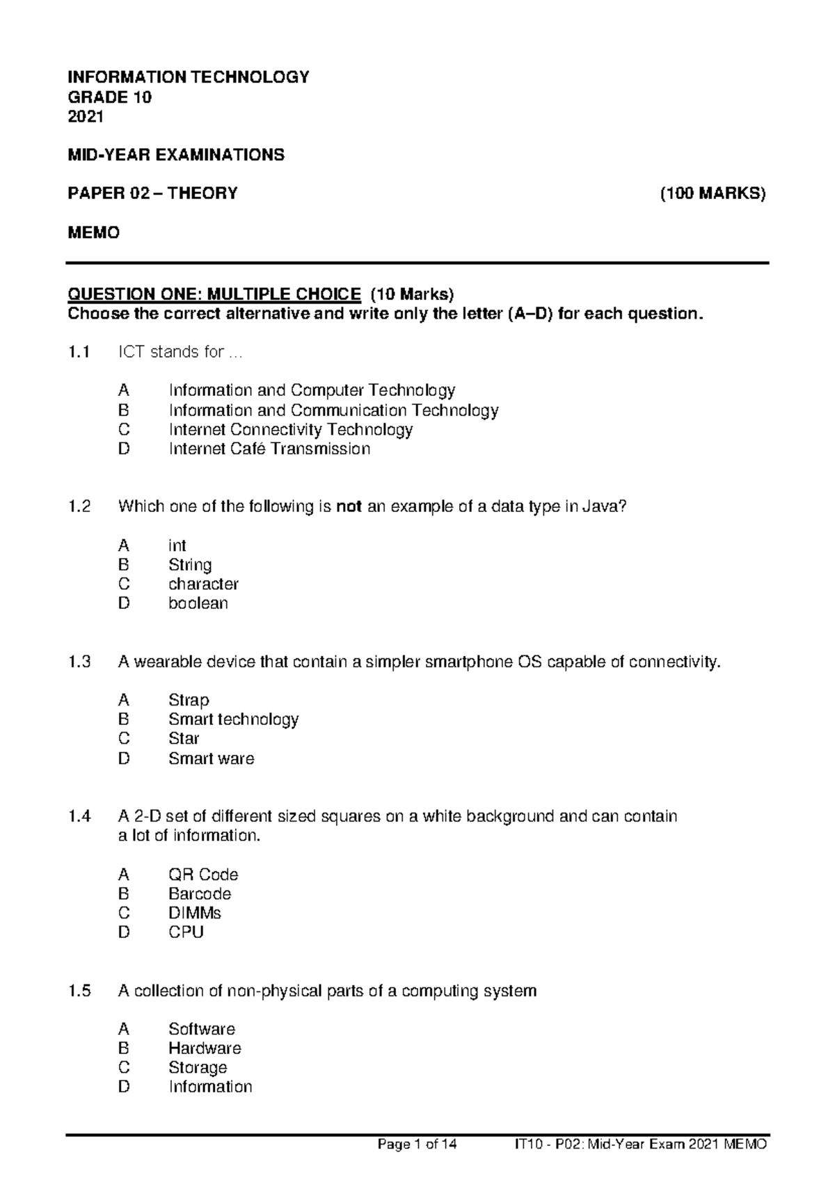 IT10 Mid-Year Exam Paper 02 June 2021 Memo and Answers - Studocu