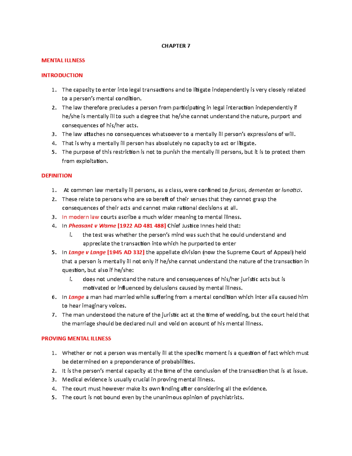 LAW OF Persons - Chapter 7 - CHAPTER 7 MENTAL ILLNESS INTRODUCTION The ...