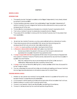 LAW OF Persons - Chapter 7 - CHAPTER 7 MENTAL ILLNESS INTRODUCTION The ...