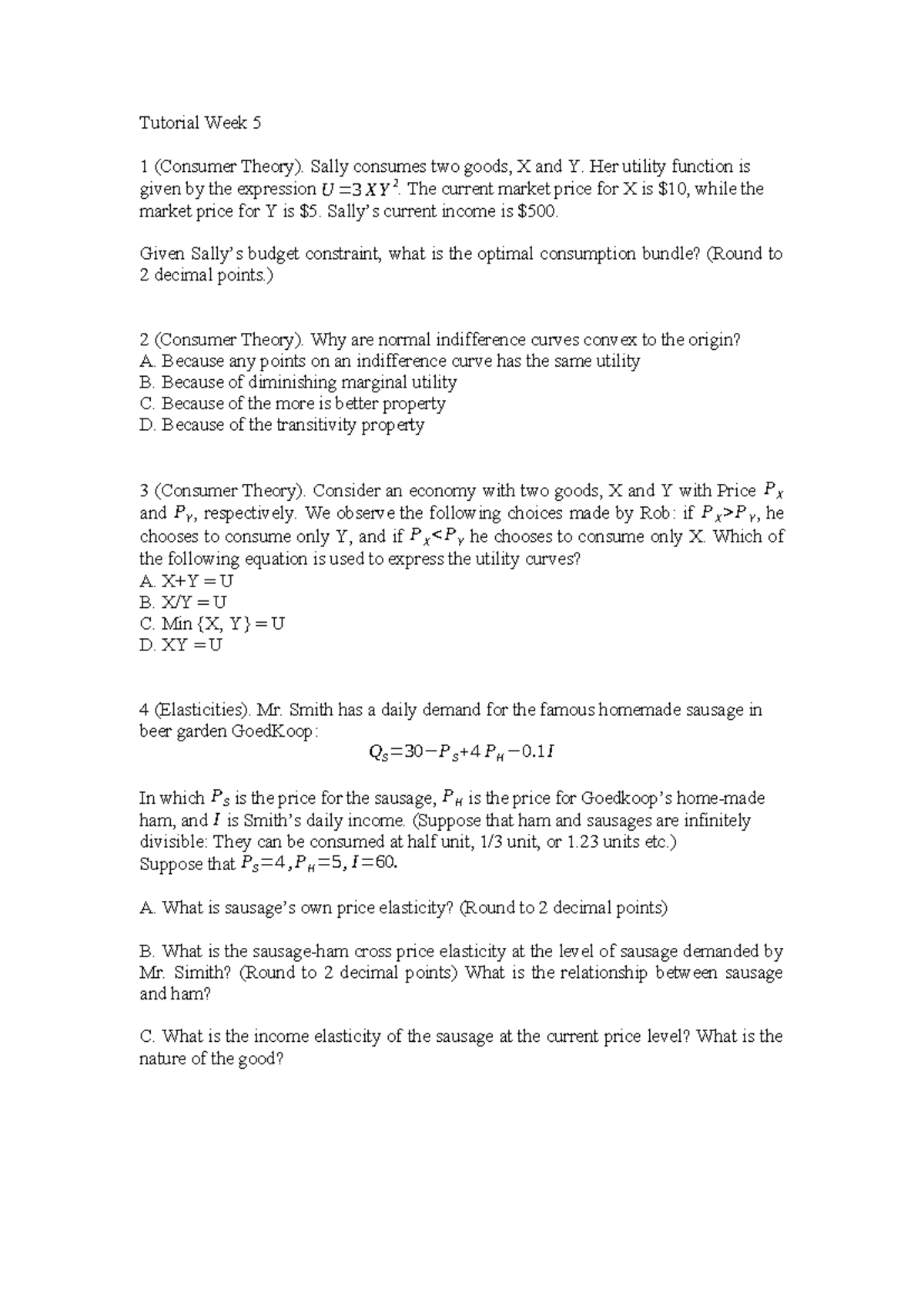 Tutorial Week 5 - no answers - Tutorial Week 5 1 (Consumer Theory ...