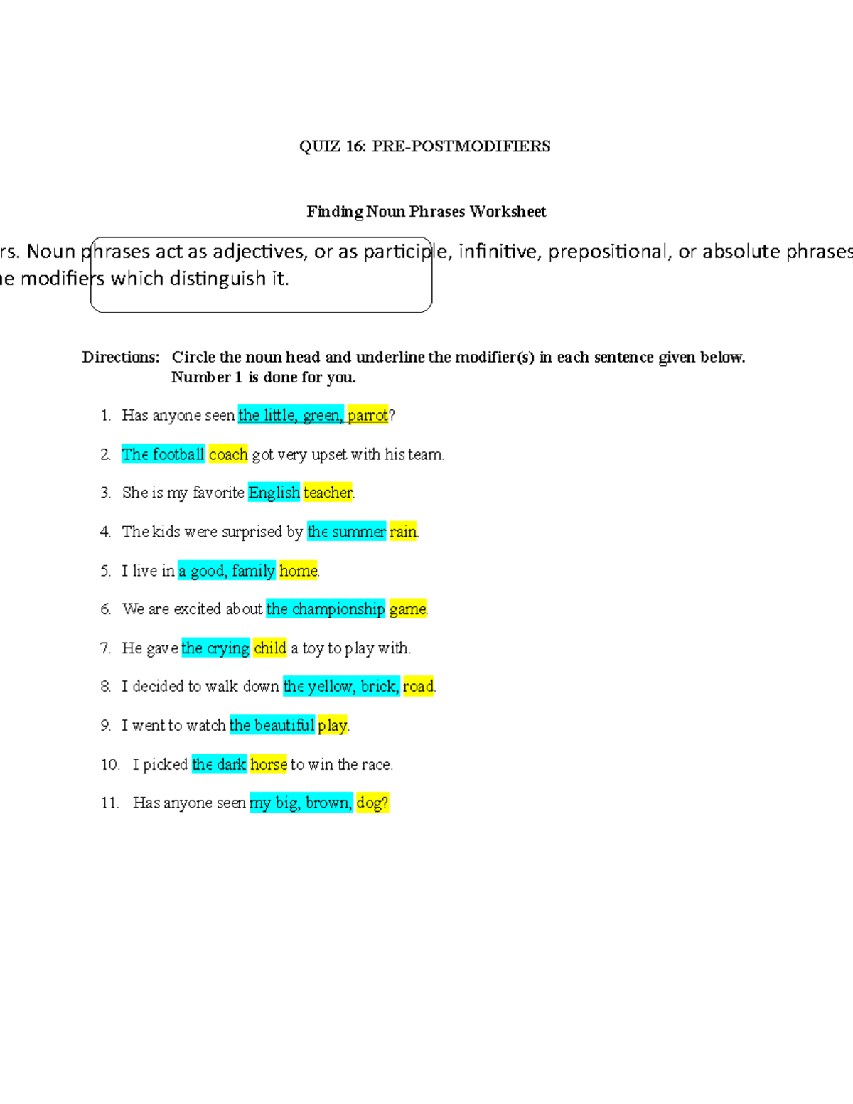 Quiz 16: Exploring Premodifiers in Noun Phrases Worksheet - Studocu