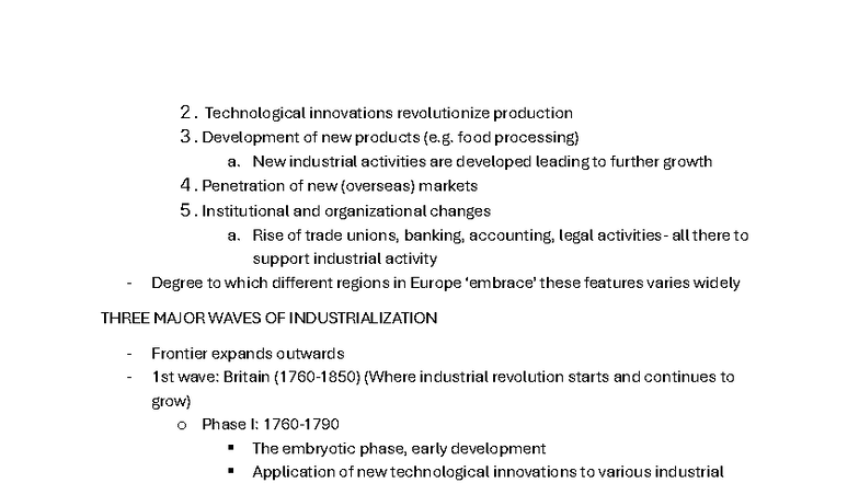 Lecture 16: Waves of Industrialization in Europe - Notes - Studocu