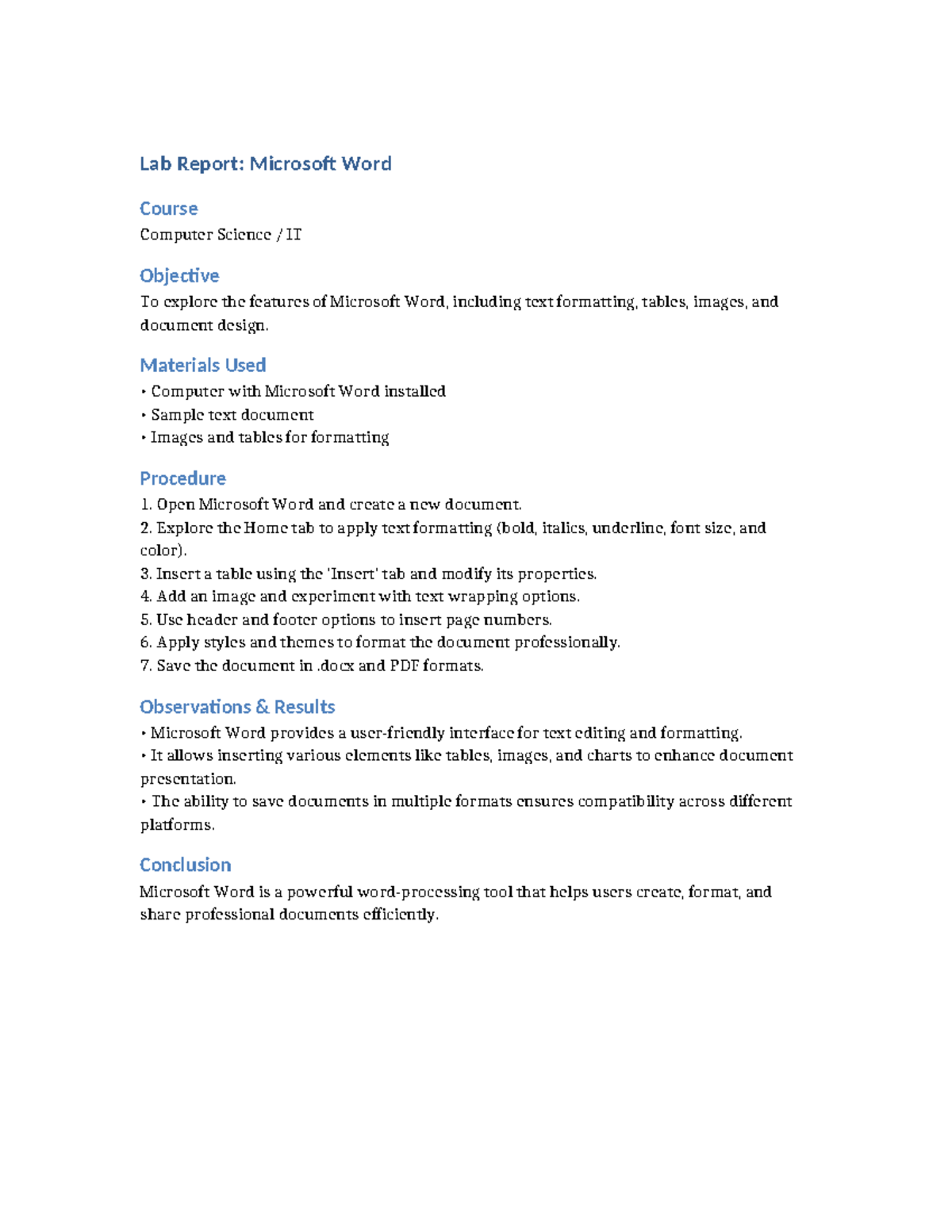 Lab Report Ms Word Lab Report Microsoft Word Course Computer Science It Objective To