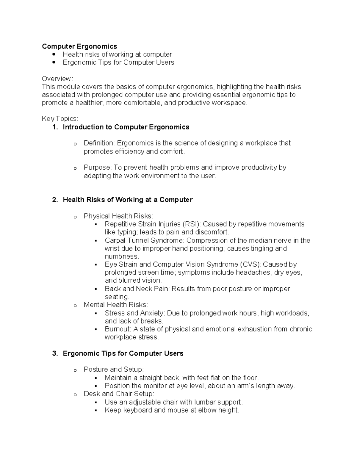 Computer Ergonomics: Essential Tips and Health Risks for Users - Studocu
