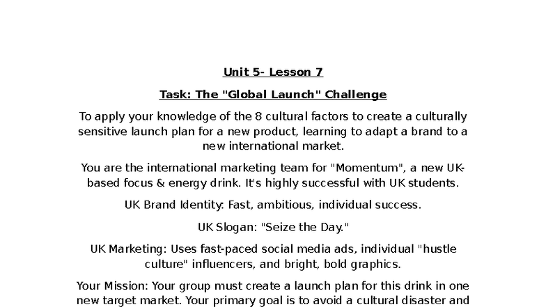 Unit 5: Lesson 7 - Culturally Sensitive Launch Plan Activity - Studocu