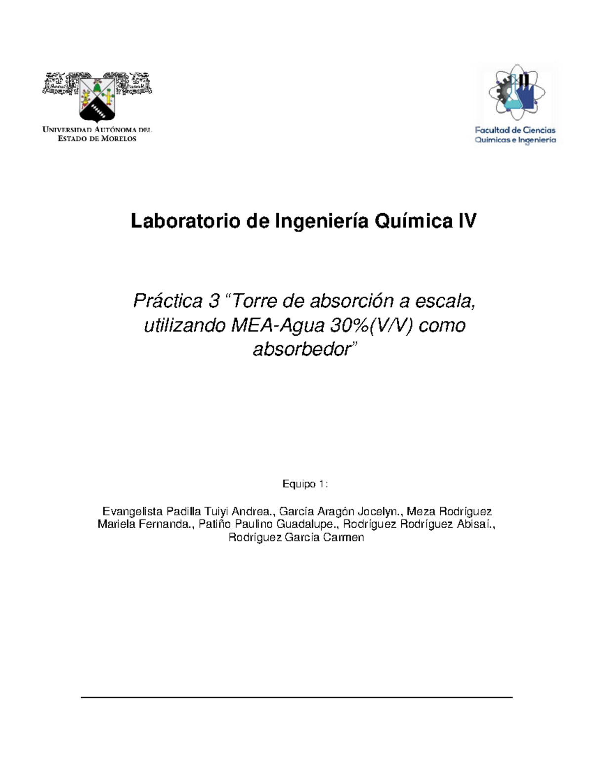 Reporte de laboratorio de absorción mezcla MEA-CO2-Agua - Laboratorio ...