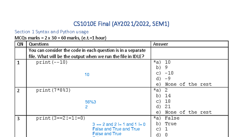 CS1010E Final Exam SEM1: Python Syntax & MCQs Review - Studocu