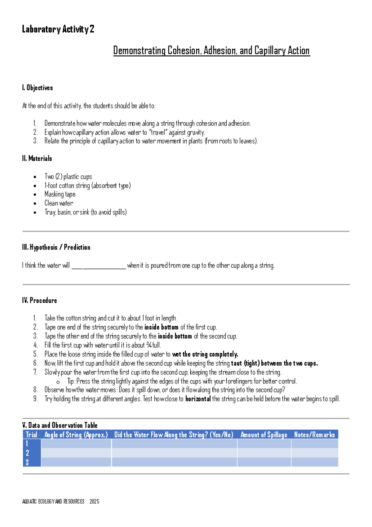 Aquatic Ecology Lab Activity: Cohesion, Adhesion & Capillary Action ...