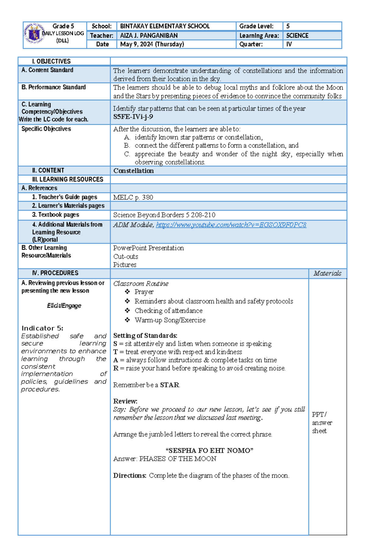 COT 4 Science 5 Q4 Q6 - Grade 5 DAILY LESSON LOG ####### (DLL) School ...