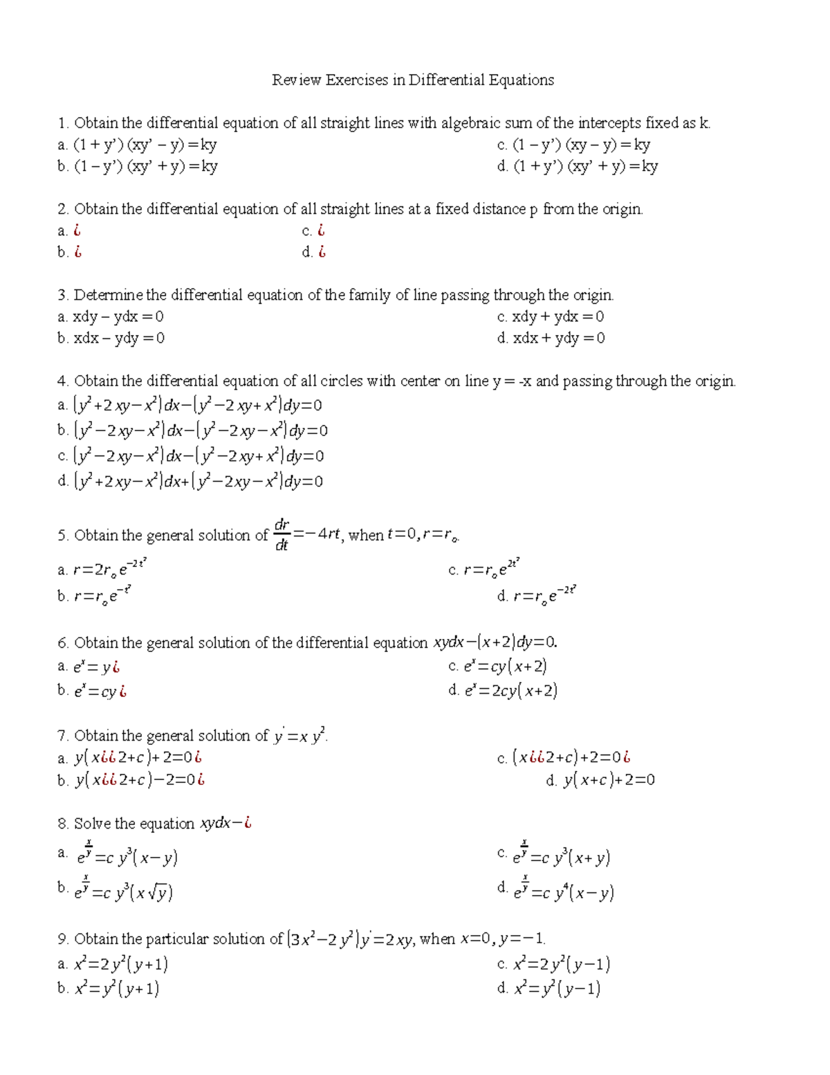 Review Exercises in Differential Equations (MATH 101) - Studocu