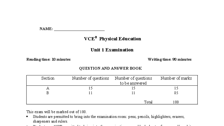 2023 VCE Physical Education Unit 1 Exam Q&A Book - Studocu