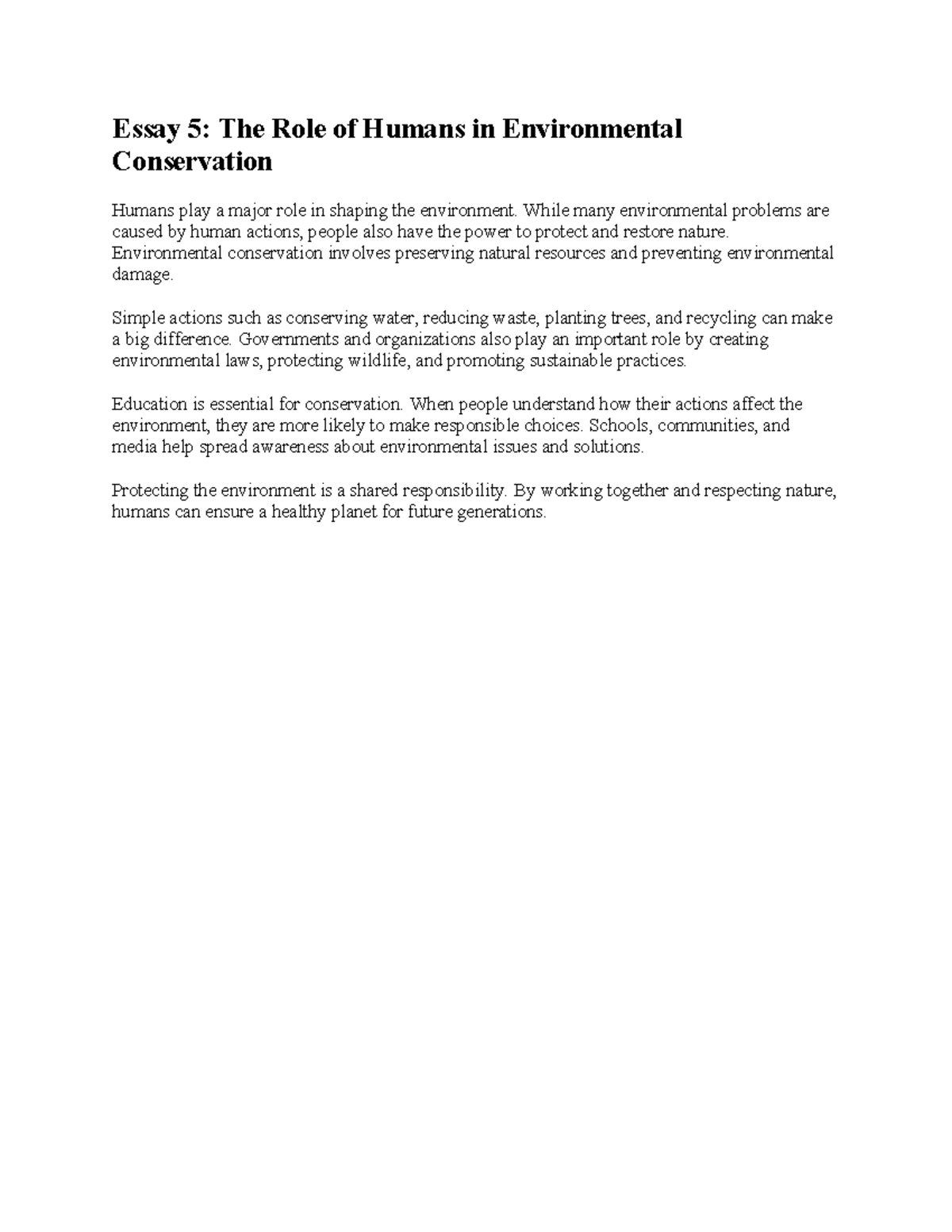 Essay 5: Humans' Impact on Environmental Conservation - Studocu