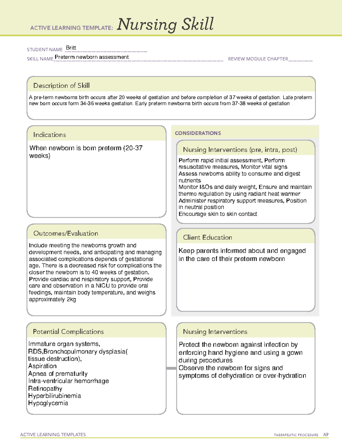 Active Learning Template: Nursing Skills for Preterm Assessment - Studocu