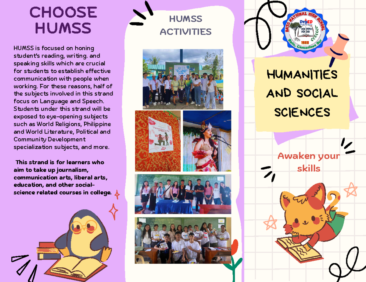HUMSS Activities Brochure: Skills Development and Opportunities - Studocu