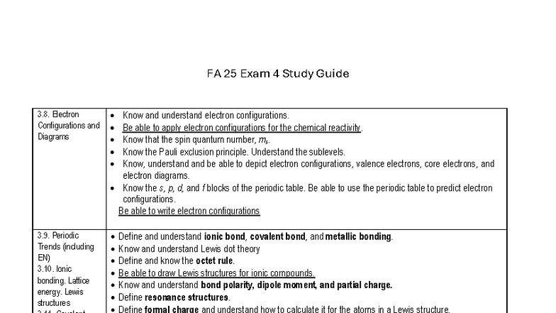 FA 25 Exam 4 Study Guide: Electron Configurations & Bonding Concepts ...